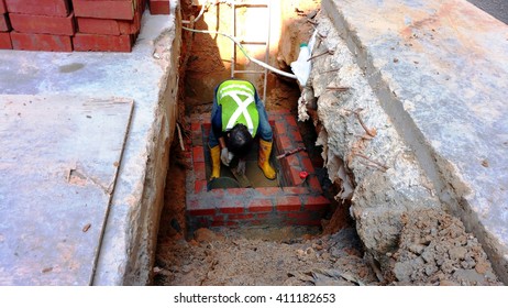 Worker Uses Engineering Bricks Together Waterproof Stock Photo ...