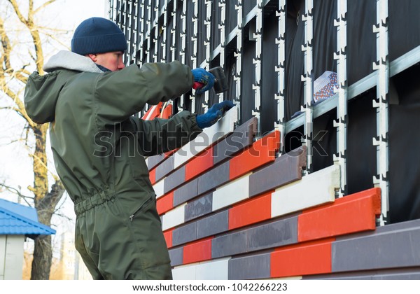 Worker Wall Cladding Stonethe Worker Makes Stock Photo (Edit Now ...