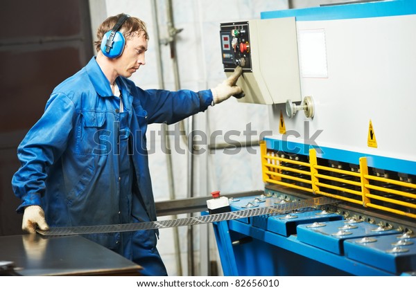 Worker Workshop Operating Guillotine Shears Machine Stock Photo (Edit ...