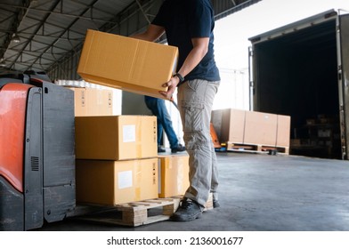 Workers Courier Lifting Packaging Boxes On Stock Photo 2136001677 ...