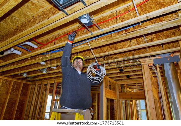 Working process on of electrical wires in installing electrical cable ...