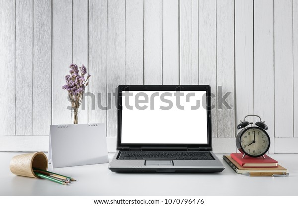 Workplace Background Blank White Screen Modern Stock Photo 1070796476 ...