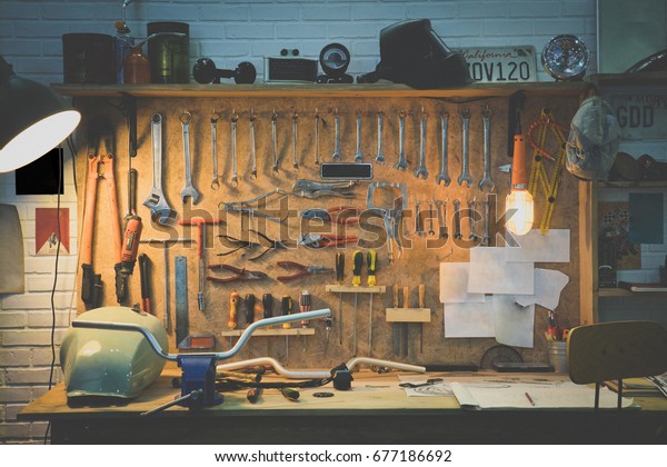 Workshop Scene Tools On Table Board Stock Photo (Edit Now) 677186692