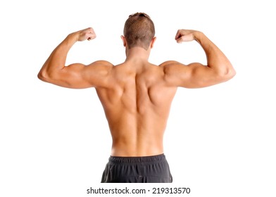 Boy Swimmer Flexing Muscles Isolated On Stock Photo 1907487079 ...