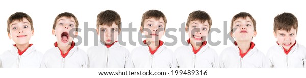 Young Boy Making Different Faces Isolated Stock Photo 199489316 ...