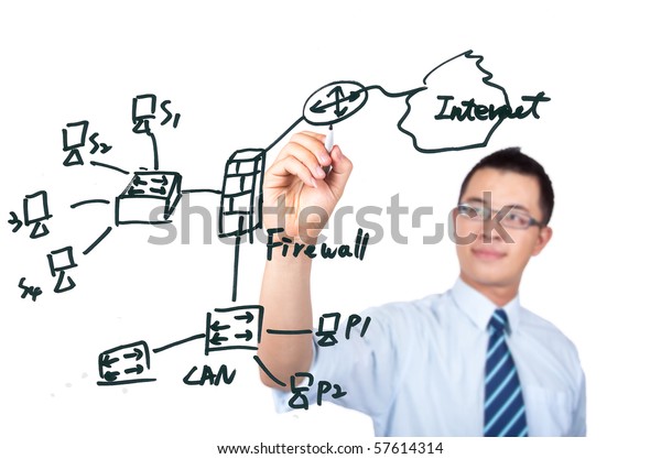 young computer Engineer drawing a internet network diagram