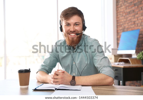 Young Man Headset Looking Camera Using Stock Photo 1444503374 ...