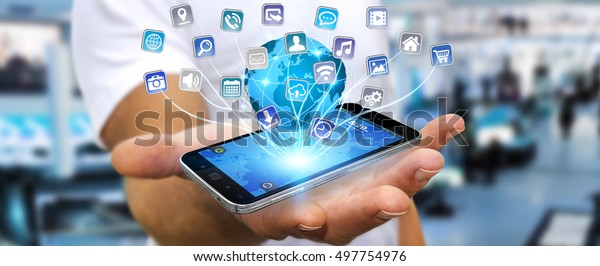 Young Man Using Digital Application Icons Stock Photo 497754976 ...