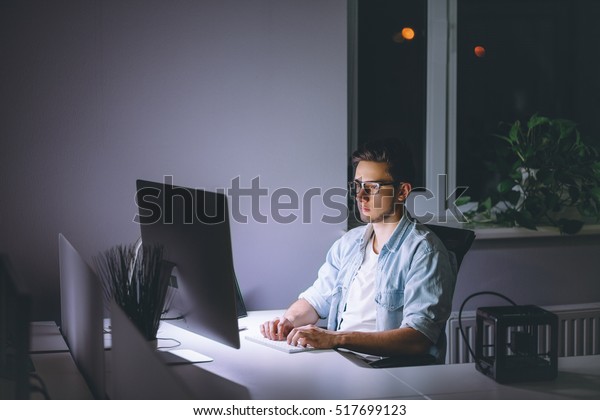 Young Man Working On Computer Night Stock Photo (Edit Now) 517699123