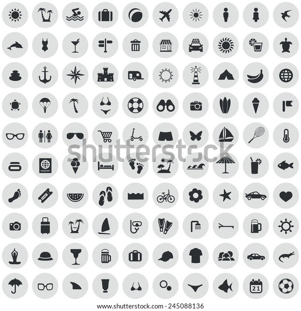 100 Beach Icons Black On Circle 스톡 벡터(로열티 프리) 245088136 | Shutterstock