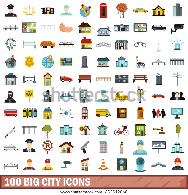 100 Big City Icons Set Flat Stock Vector (Royalty Free) 652512868 ...