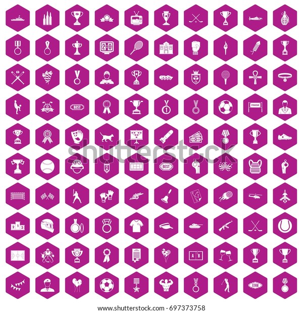 100 Medal Icons Set Violet Hexagon Stock Vector (Royalty Free ...