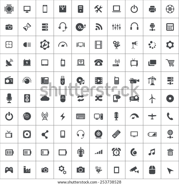 100 Technology Icons Black On Square: vector de stock (libre de ...