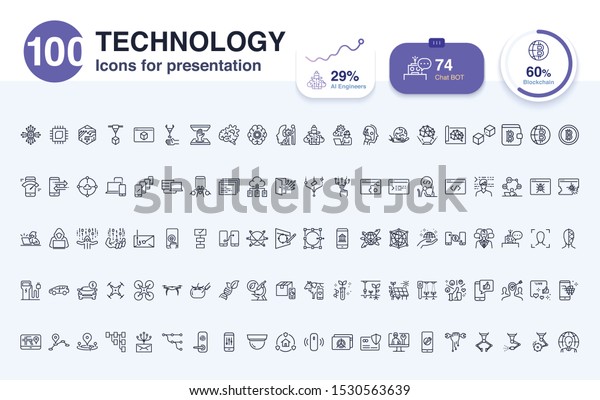 100 Technology Line Icon Presentation Included Stock Vector (Royalty ...