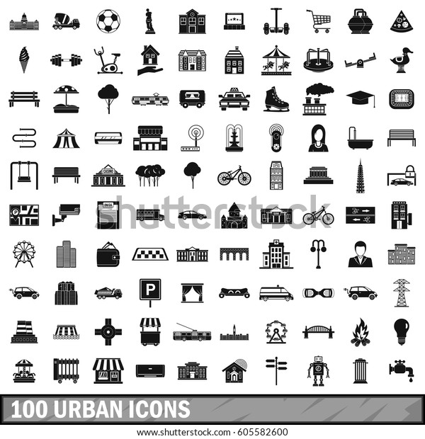 100 Urban Icons Set Simple Illustration Stock Vector (Royalty Free ...