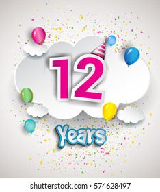 12th Anniversary Celebration Design Clouds Balloons Stock Vector ...