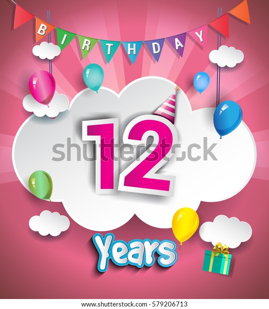 12th Anniversary Celebration Design Clouds Balloons Stock Vector ...