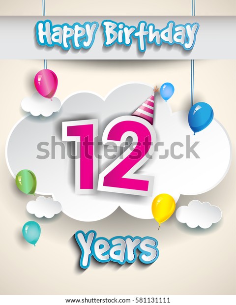 12th Birthday Celebration Design Clouds Balloons Stock Vector (Royalty ...
