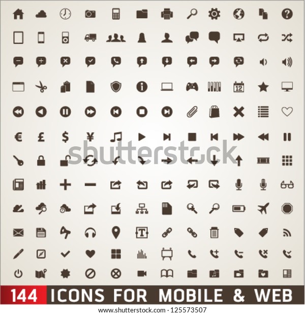 144 Icons Web Mobile On Grey Stock Vector (Royalty Free) 125573507