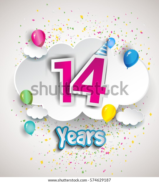 14th Anniversary Celebration Design Clouds Balloons Stock Vector ...