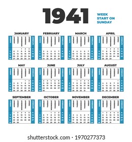 1941 Year Vector Calendar Template Weeks Stock Vector (Royalty Free ...