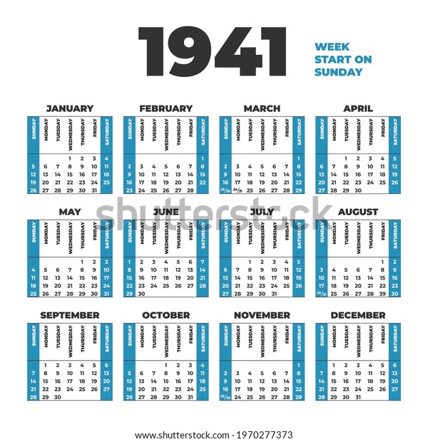 1941 Year Vector Calendar Template Weeks Stock Vector (Royalty Free ...