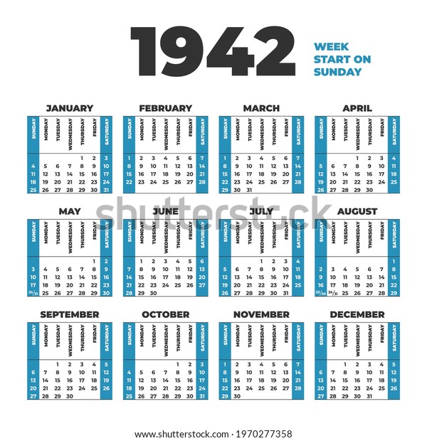 1942 Year Vector Calendar Template Weeks 库存矢量图（免版税）1970277358 ...