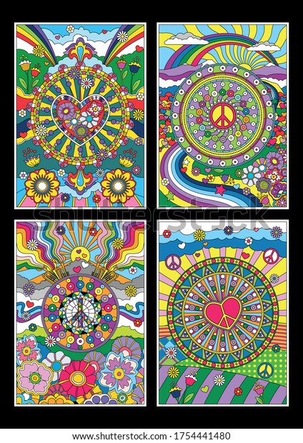 1960s Hippie Art Stylization Psychedelic Pattern: เวกเตอร์สต็อก (ปลอด ...