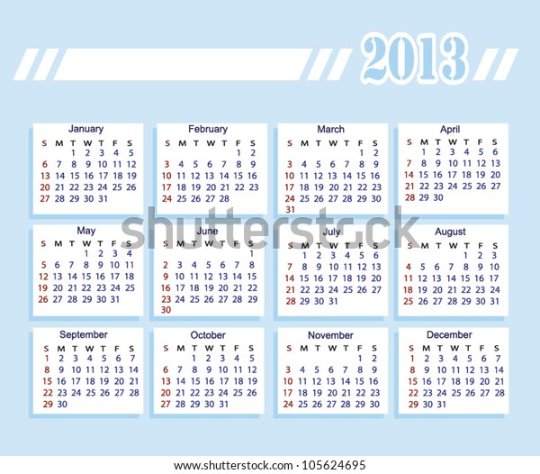 2013 Year Calendar Week Starts On : image vectorielle de stock (libre ...