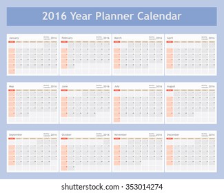 2016 Monthly Calender Weeks Start Sundayvector Stock Vector (Royalty ...