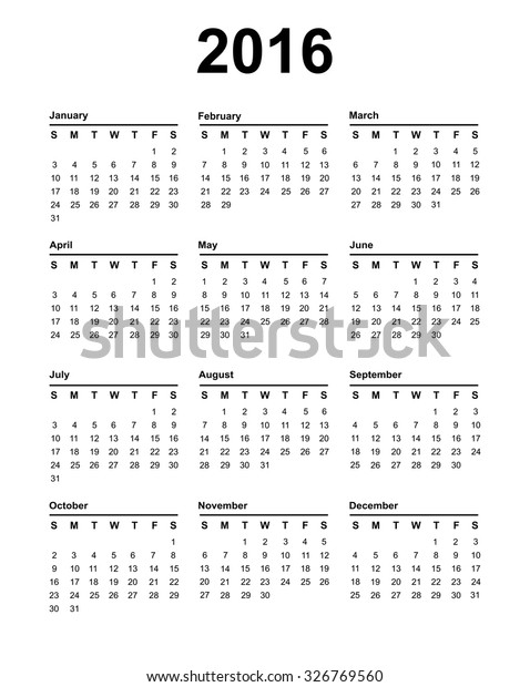 2016 Year Calendar Black Text On Stock Vector (Royalty Free) 326769560 ...