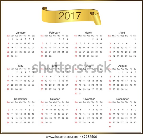 2017 Calendar Templateweek Starts Sundayvector Stock Vector (Royalty ...