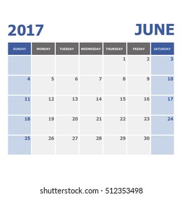 2017 June Calendar Week Starts On 스톡 벡터(로열티 프리) 512353498 | Shutterstock