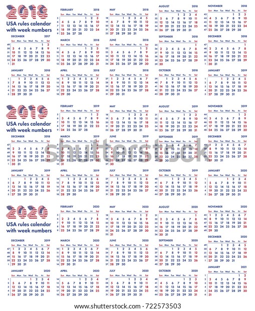 2018 2019 2020 Calendar Grid American Stock Vector (Royalty Free) 722573503