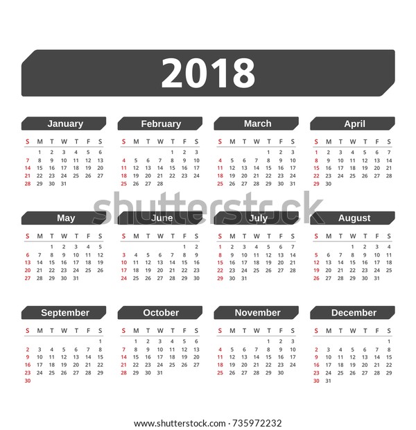 2018 Calendar Week Starts On Sunday 스톡 벡터(로열티 프리) 735972232 | Shutterstock