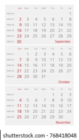 2018 Wall Calendar September October November Stock Vector (Royalty ...