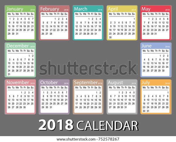 2018 Year Calendar Week Starts On Stock Vector (Royalty Free) 752578267