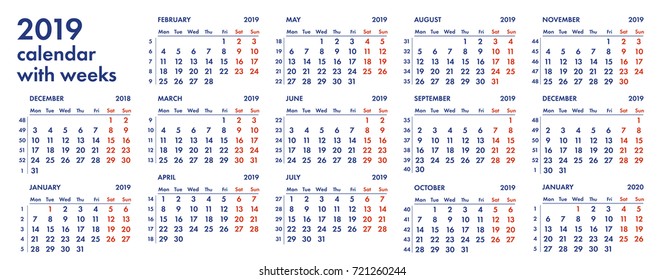 2019 Calendar Grid Weeks Numbers Vector Stock Vector (Royalty Free ...