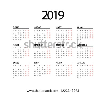 2019 Calendar Turkce Takvim Stock Vector (Royalty Free) 1223347993 ...