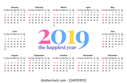 2019 Calendar Week Starts Sunday Minimal 스톡 일러스트 1444511717 | Shutterstock