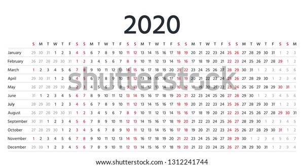 2020 Calendar Linear Vector Yearly Organizer Stock Vector (Royalty Free ...
