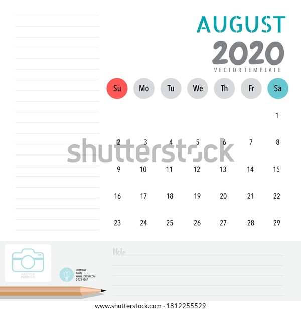 2020 Calendar Monthly Calendar Template August Stock Vector (Royalty ...