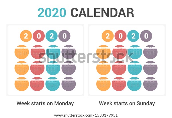2020 Calendar Two Versions Week Starts Stock Vector (Royalty Free ...