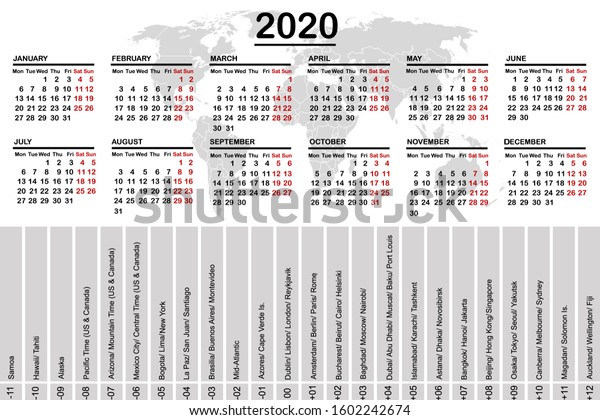 2020 Calendar World Map Time Zones: vector de stock (libre de regalías ...
