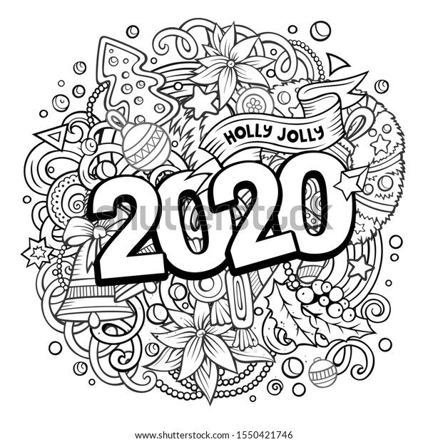 2020 ilustración de doodles dibujados a mano. Diseño de afiches de ...