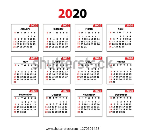 2020 Year Calendar Template Vector 스톡 벡터(로열티 프리) 1370301428
