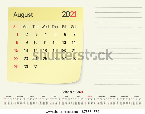 2021 Calendar Paper Note August 2021 Stock Vector (Royalty Free ...