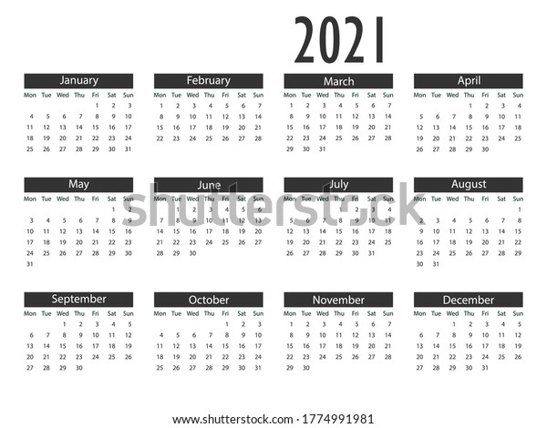 2021 Calendar Week Starts Monday Vector Stock Vector (Royalty Free ...