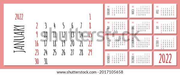 2022 Hand Written Calendar Layout Printable Stock Vector (Royalty Free ...