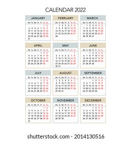 2022 Year Calendar Week Starts On Stock Vector (Royalty Free ...